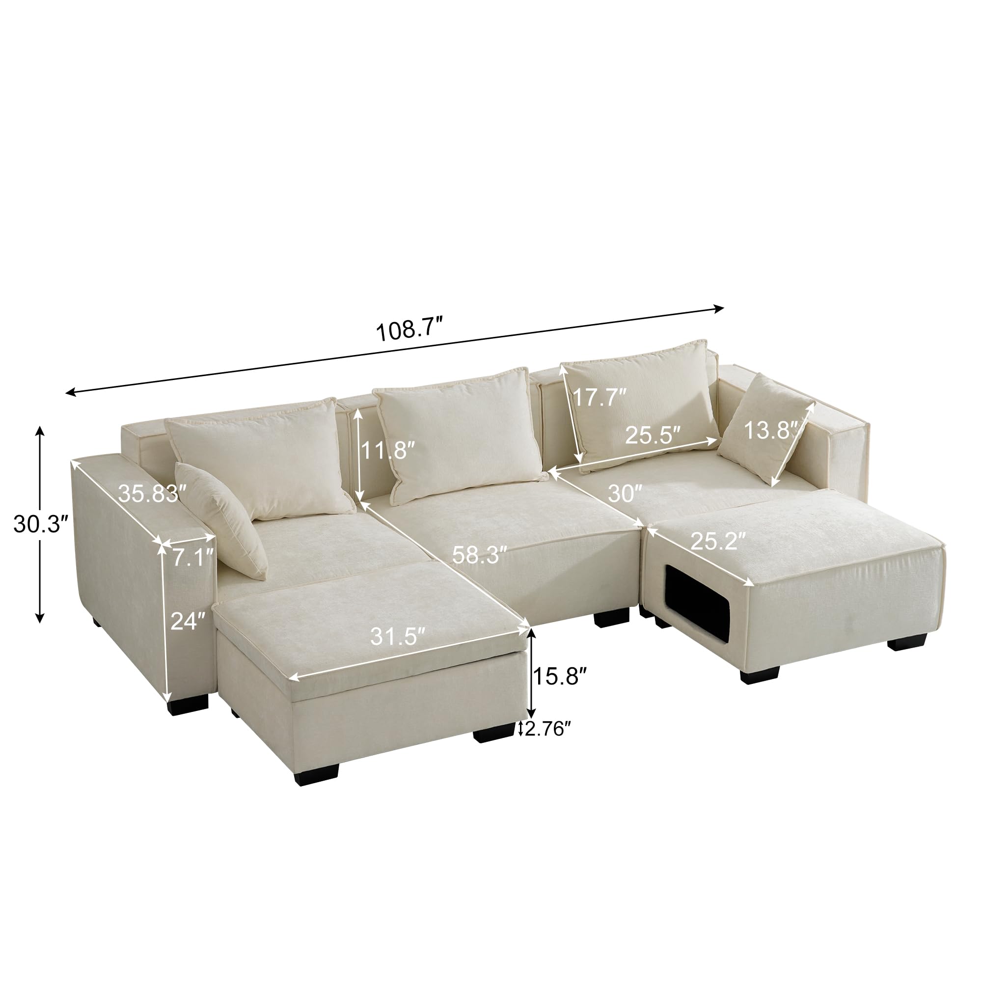 MEROUS Modular Sectional Sofa 108.6" Oversized U Shaped Sofa Couch with Storage&Cathole Ottoman 5 Seat Modern Sofa Couch for Living Room,Washable Pillow Cover (Chenille, White)