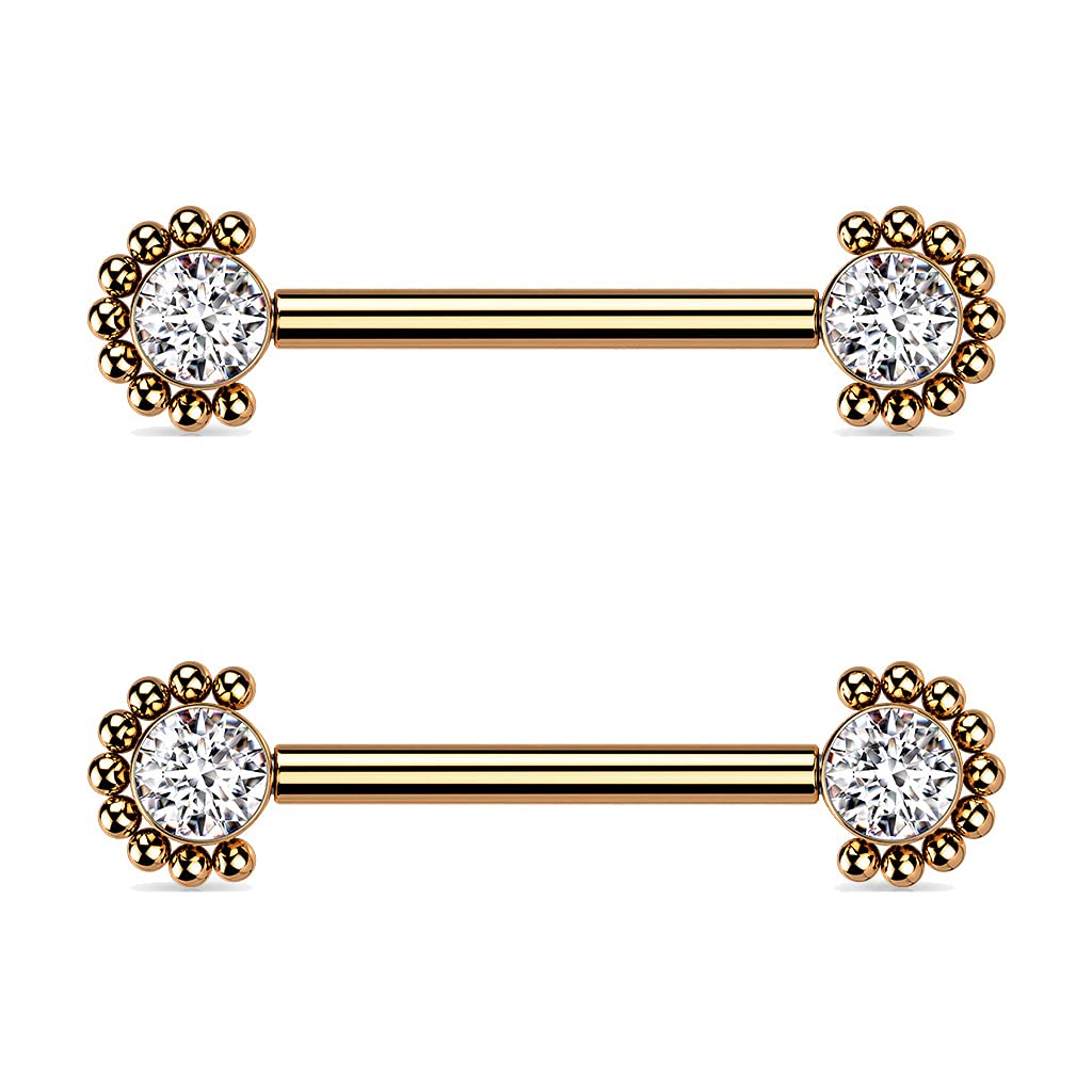 Dynamique Implant Grade Titanium Nipple Barbells Internally Threaded With Bezel Set CZ Center And Beaded Edge (Sold Per Pair Or Per Piece)
