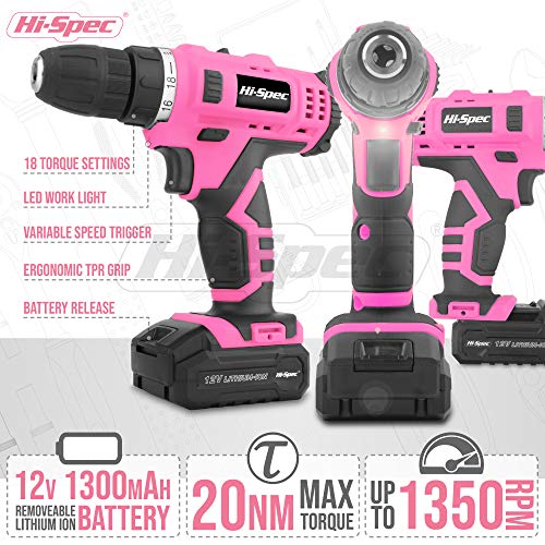 Hi-Spec 50 Piece 12V Pink Drill Driver & Multi Bit Set. High Speed Cordless & Rechargeable Electric Power Screwdriver & Drill for Household DIY. Complete in a Carry Case