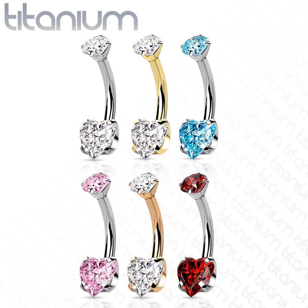 Dynamique Implant Grade Titanium Prong Set Heart CZ And Internally Threaded Round CZ Top Belly Button Rings (Sold Per Piece)