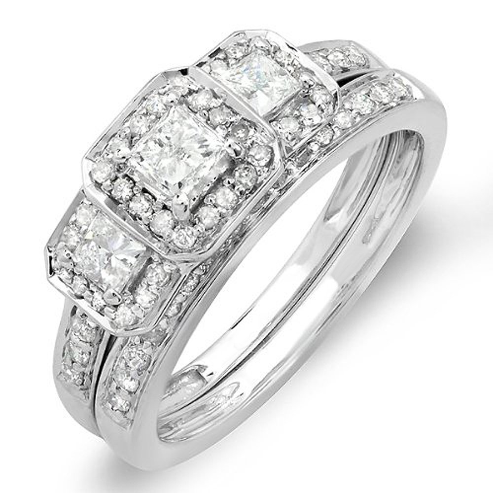 Dazzlingrock Collection 1.00 Carat (Cttw) 14k Round & Princess 3 Stone Diamond Women Engagement Ring Set 1 CT, White Gold, Size 8.5