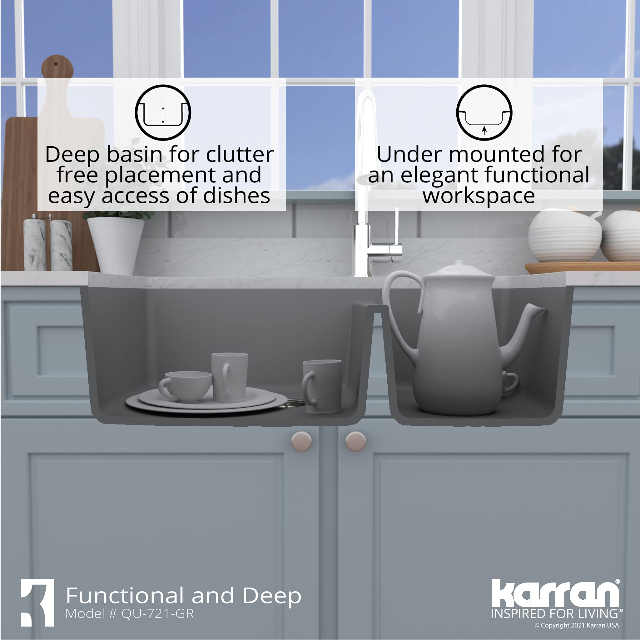Karran QU-721 Undermount Quartz Composite 33 in. 60/40 Double Bowl Kitchen Sink with Bottom Grids and Strainers in Grey