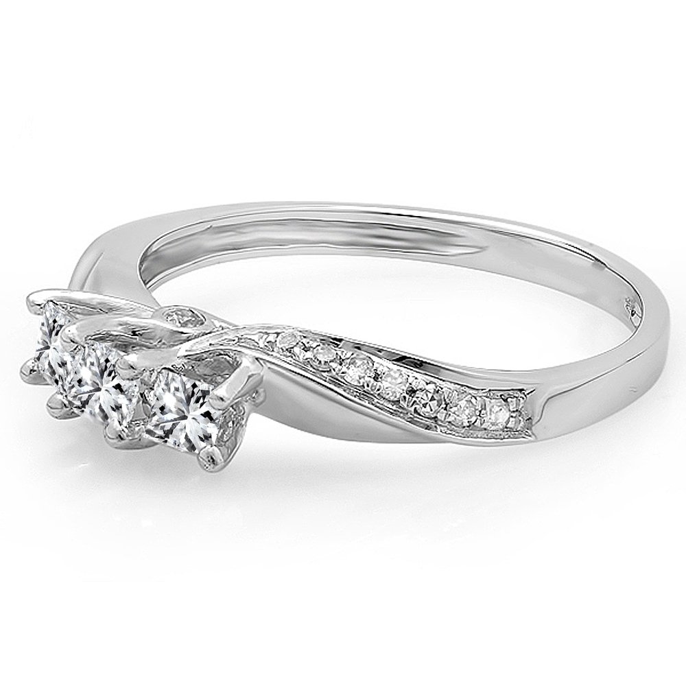 Dazzlingrock Collection 0.50 Carat (ctw) 10K Princess & Round Diamond 3 Stone Engagement Ring 1/2 CT, White Gold, Size 7