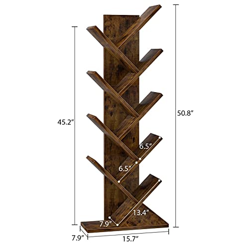 Topfurny Tree Bookshelf, 9-Tier Shelf Rustic Brown Bookcase, Retro Wood Storage Rack for CDs/Movies/Books, Anti-Fall Utility Organizer Shelves for Living Room, Bedroom, Home Office, Rustic Brown