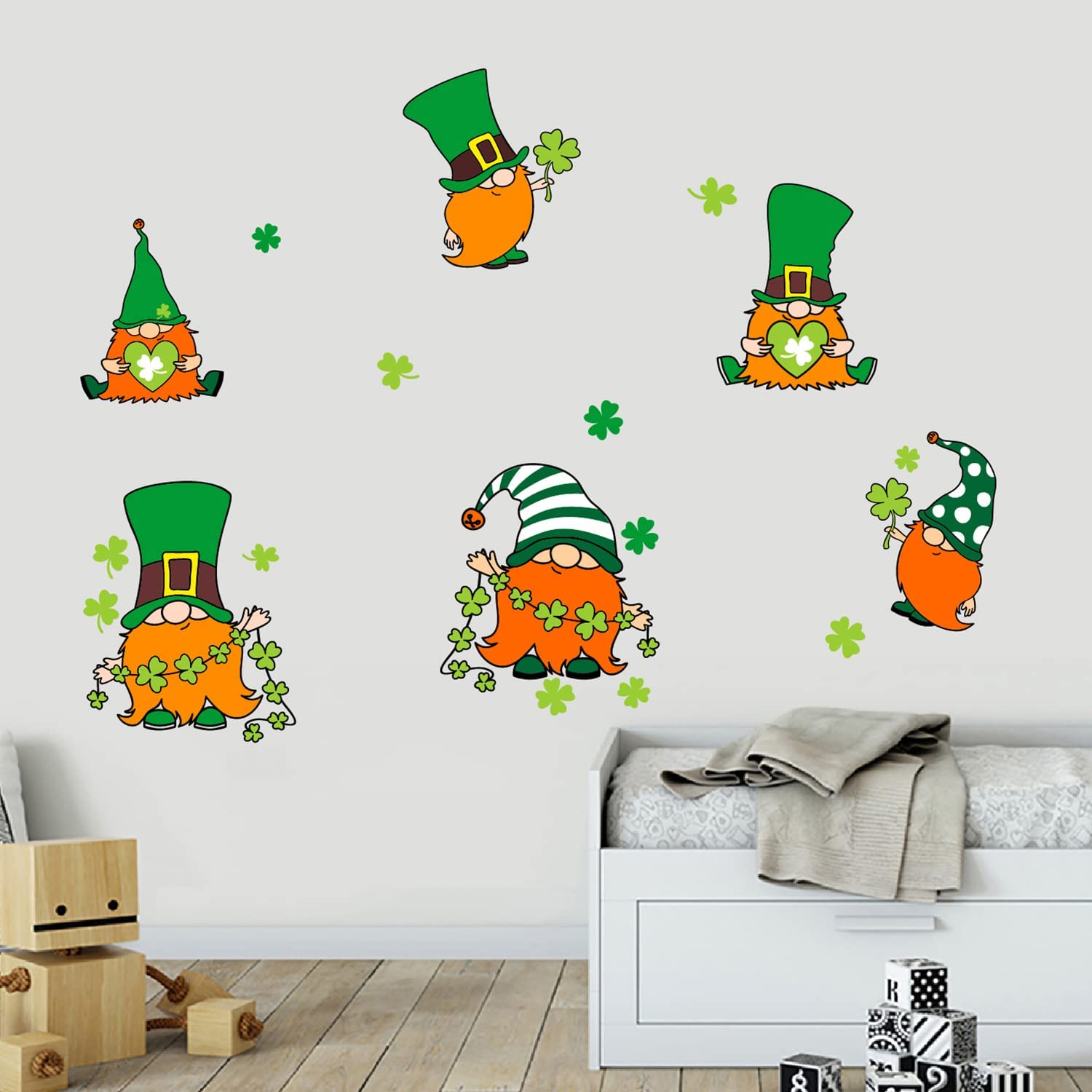 St. Patrick's Day Wall Decals Irish Shamrock Leprechaun Gnome Wall Stickers Removable Art Mural for Kids Room Nursery Bedroom Window Irish Party Supplies Home School Decor