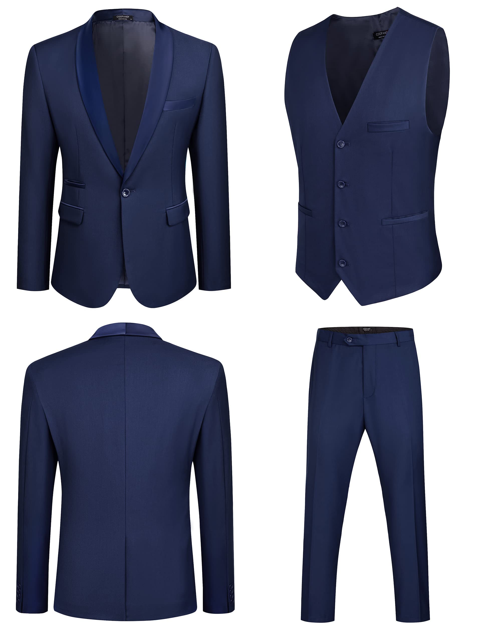 COOFANDY Men's 3 Pieces Suit Elegant Tux Wedding Prom Party Tuxedo Blazer Navy Blue XXL