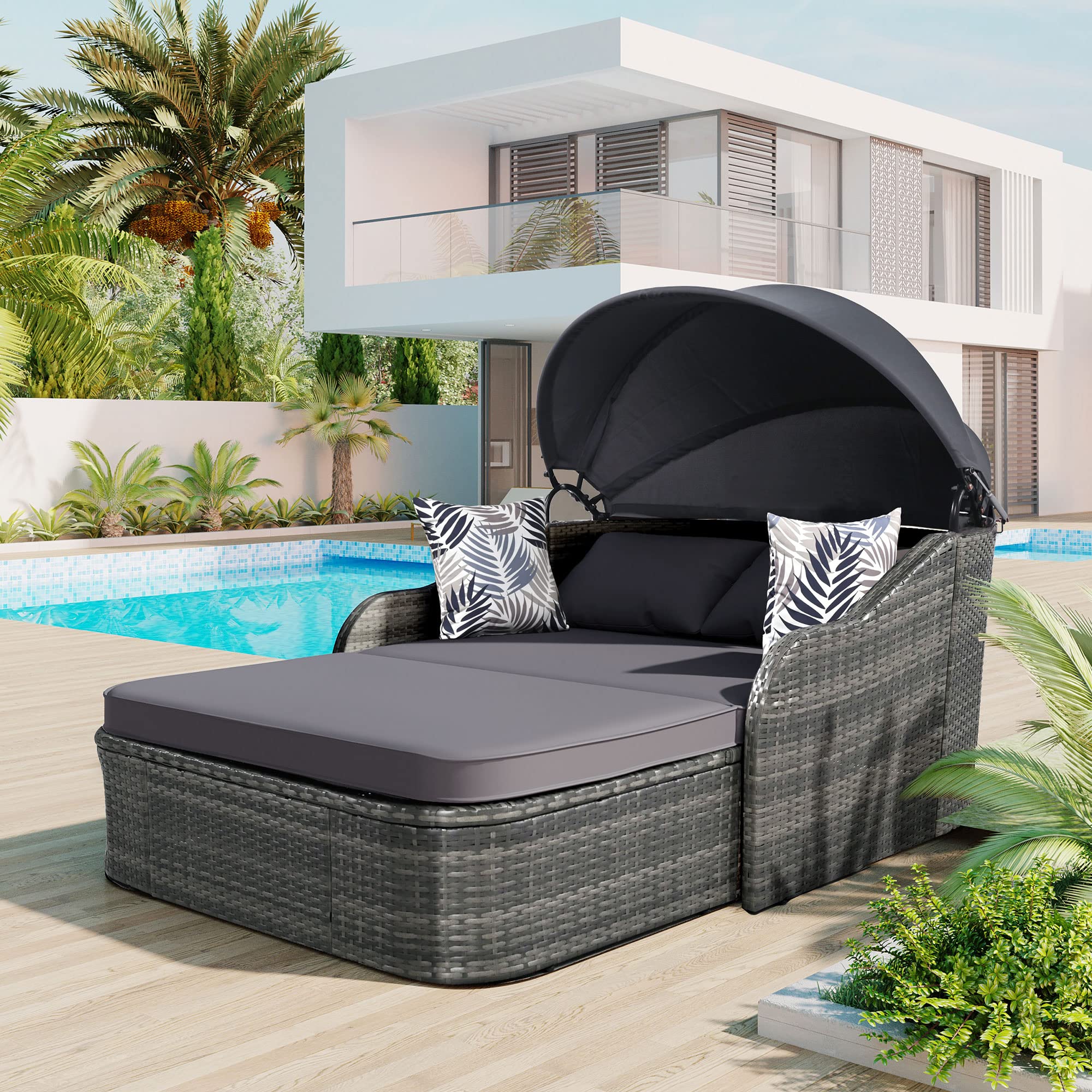 Outdoor Sunbed with Retractable Canopy, Rattan Wicker Patio Daybed with Washable Cushions and Pillows, Chaise Chair Sunbed for Garden Poolside Backyard, Gray Wicker