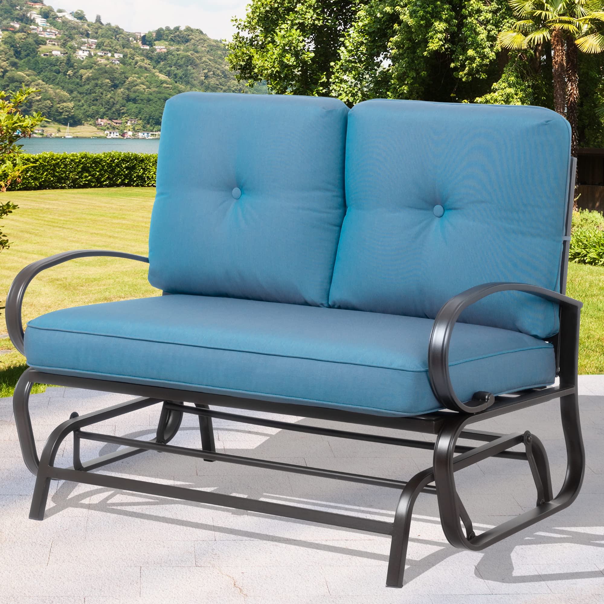 Shintenchi Outdoor Patio Metal Swing Glider Bench 2-Rocking chair Loveseat Wrought Iron Patio Furniture Steel Frame Chair Set with Cushion for Porch Balcony Garden,Bule