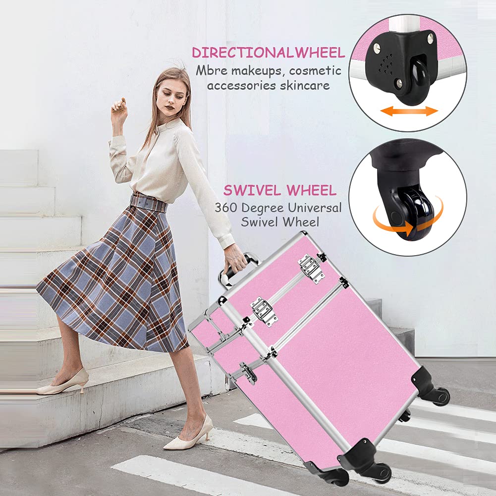 Cosmetic Rolling Makeup Train Case 4 in 1, Make Up Box Travelling Professional, Cosmetology Case on Wheels Pink Black Silver for Cosmetic, Hairstylist, Nail Technician, Tattoo