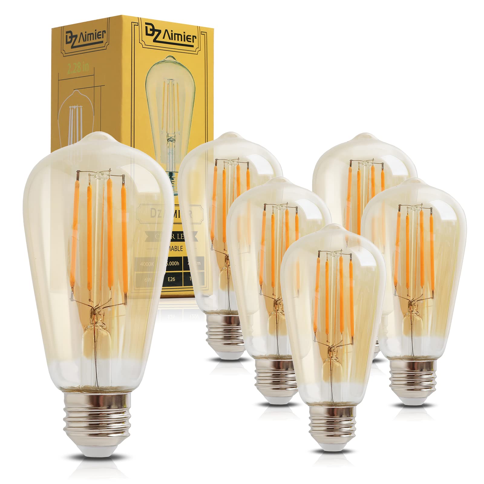 DZ Aimier LED Edison Bulbs, 6W, Equivalent 60W, High Brightness Amber Gold Light ST58 Antique LED Filament Bulbs, E26 Medium Base, Dimmable, Pack of 6