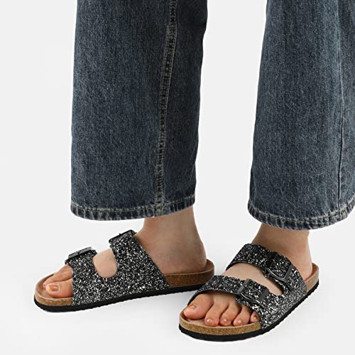mysoft Womens Slide Sandals Cork Footbed,2 Straps Adjustable Buckle Slip on Sandals with +Comfort Arch Support