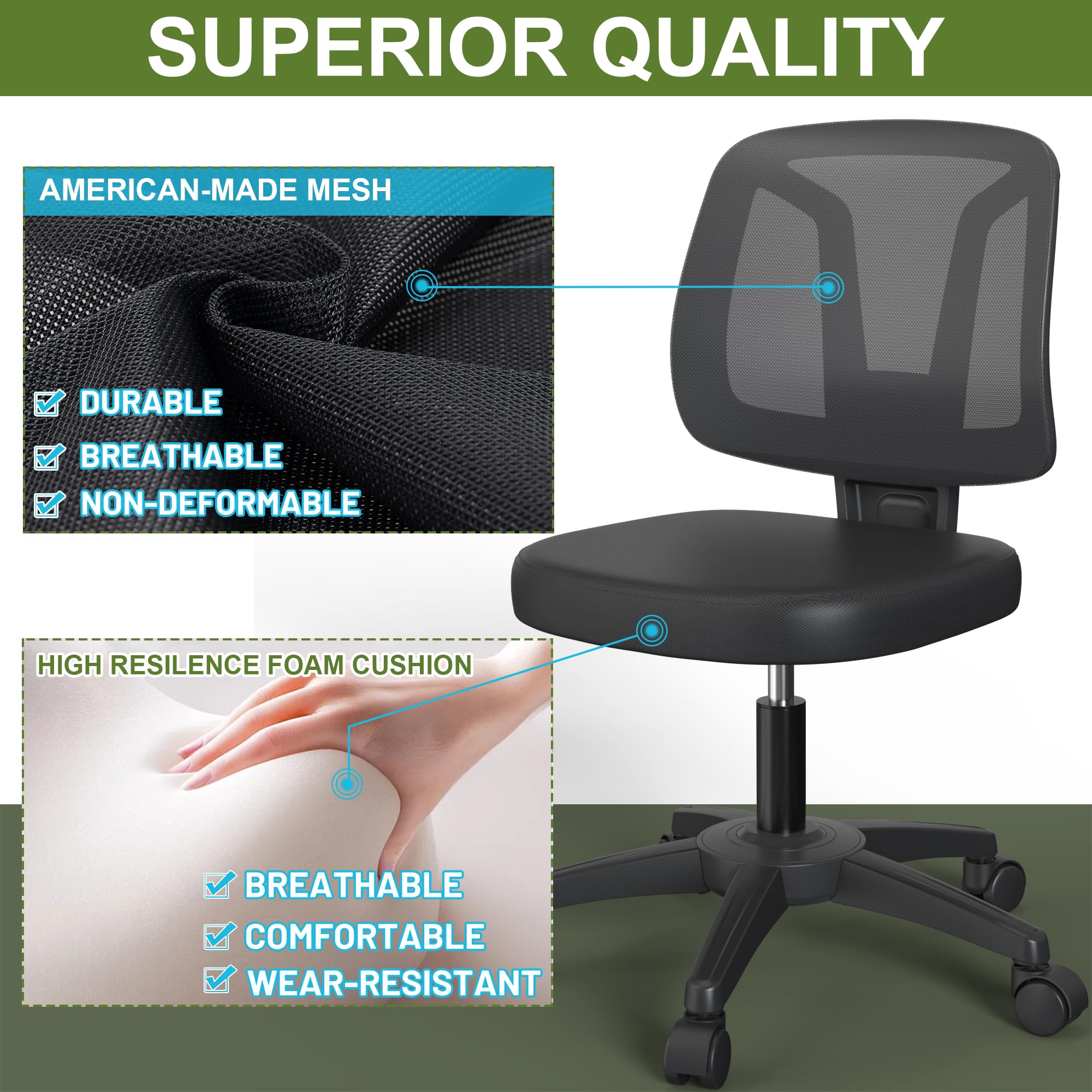 Modern Comfy Ergonomic No Arms Cute Office Swivel Computer Desk Task Chair with Adjustable Height Seat and Lumbar Support for Office Home Work Study