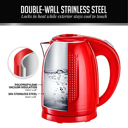 OVENTE Portable Electric Kettle Stainless Steel Instant Hot Water Boiler Heater 1.7 Liter 1100W Double Wall Insulated Fast Boiling with Automatic Shut Off for Coffee Tea & Cold Drinks, Red KD64R