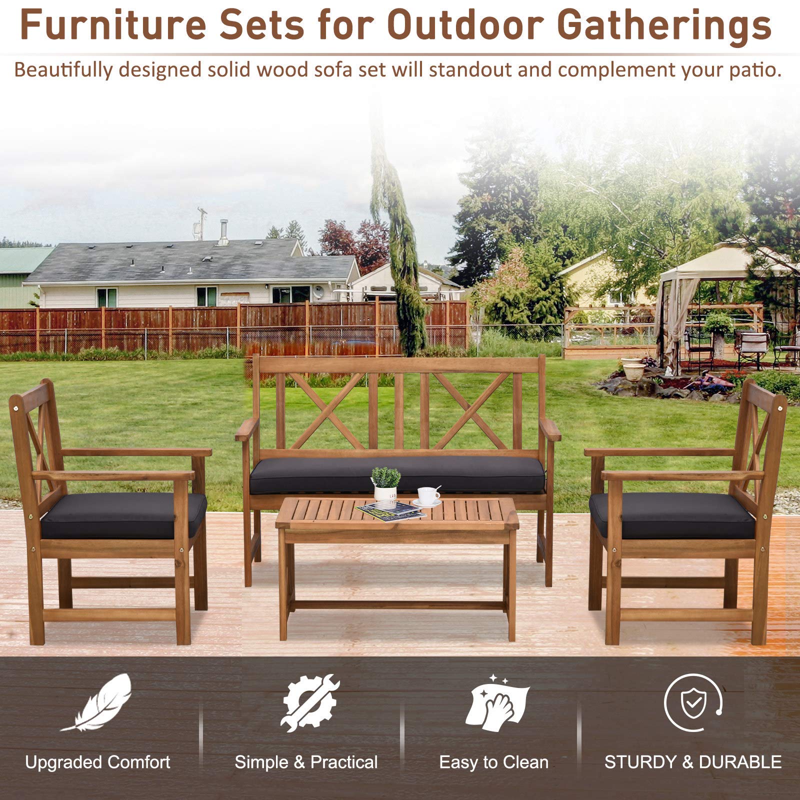 Outsunny 4 Piece Acacia Wood Outdoor Patio Furniture Set with 2 Armchairs, 1 Sofa, & 1 Coffee Table, Cushions Included