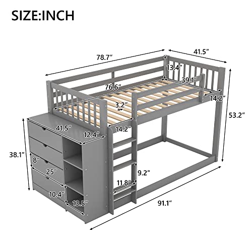 P PURLOVE Twin Over Twin Bunk Bed with Attached Cabinet and Shelves Storage, Wooden Bunk Bed Frame with Ladder and Guardrail, for Teens Girls Boys, Gray