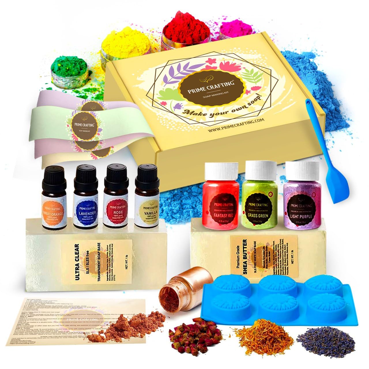 DIY Soap Making Kit - Soap Making Supplies with 1lb Shea Butter Soap Base & 1lb Ultra Clear Soap Base, 4 Mica Powders & 4 Essential Oils β 1 Silicone Soap Mold with Spatula & Dried Flowers
