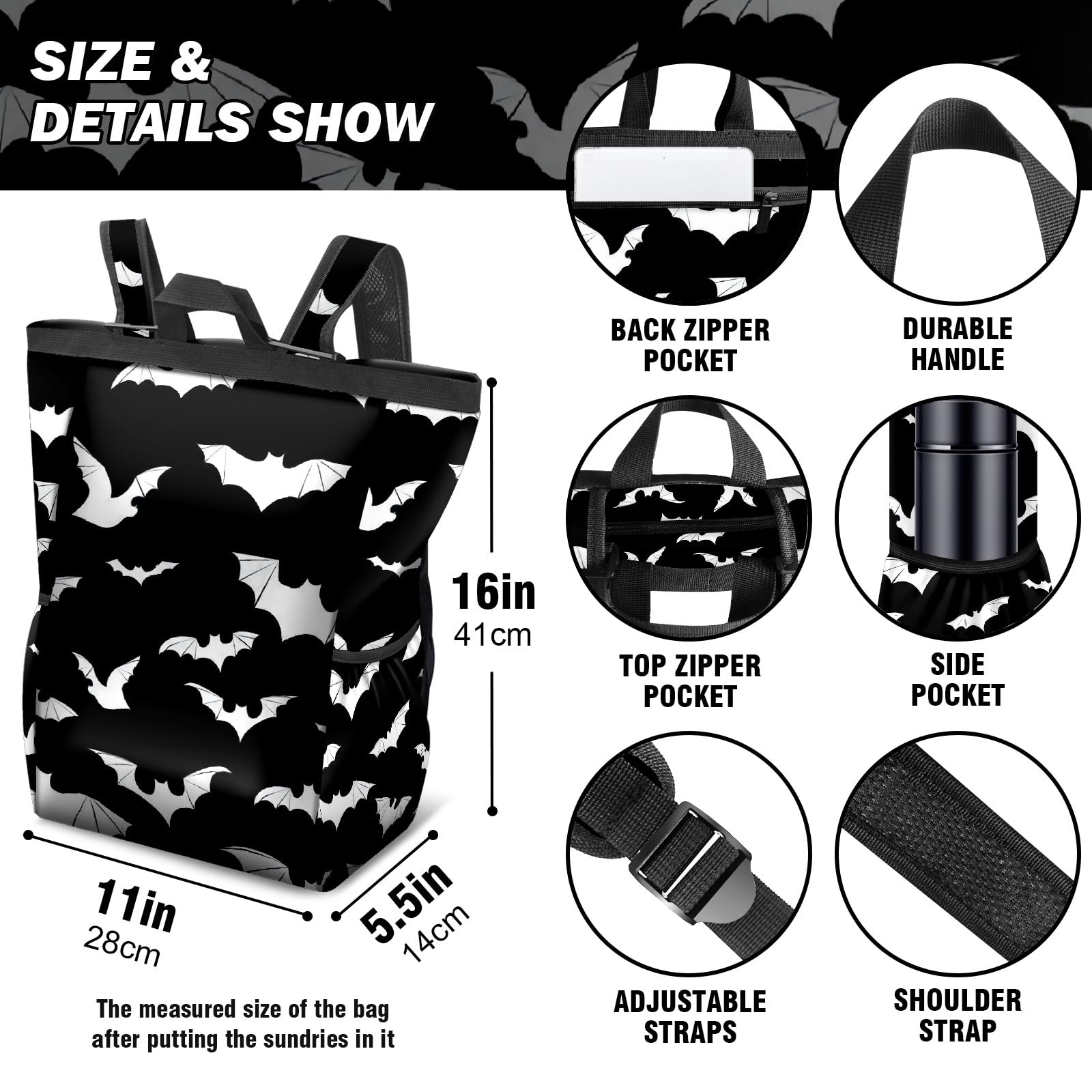 Counullo Halloween Bat Backpack for Women Man Black Travel Tote Backpack Airline Approved Personal Item Travel Bag for Work College Teacher Work Halloween Decor