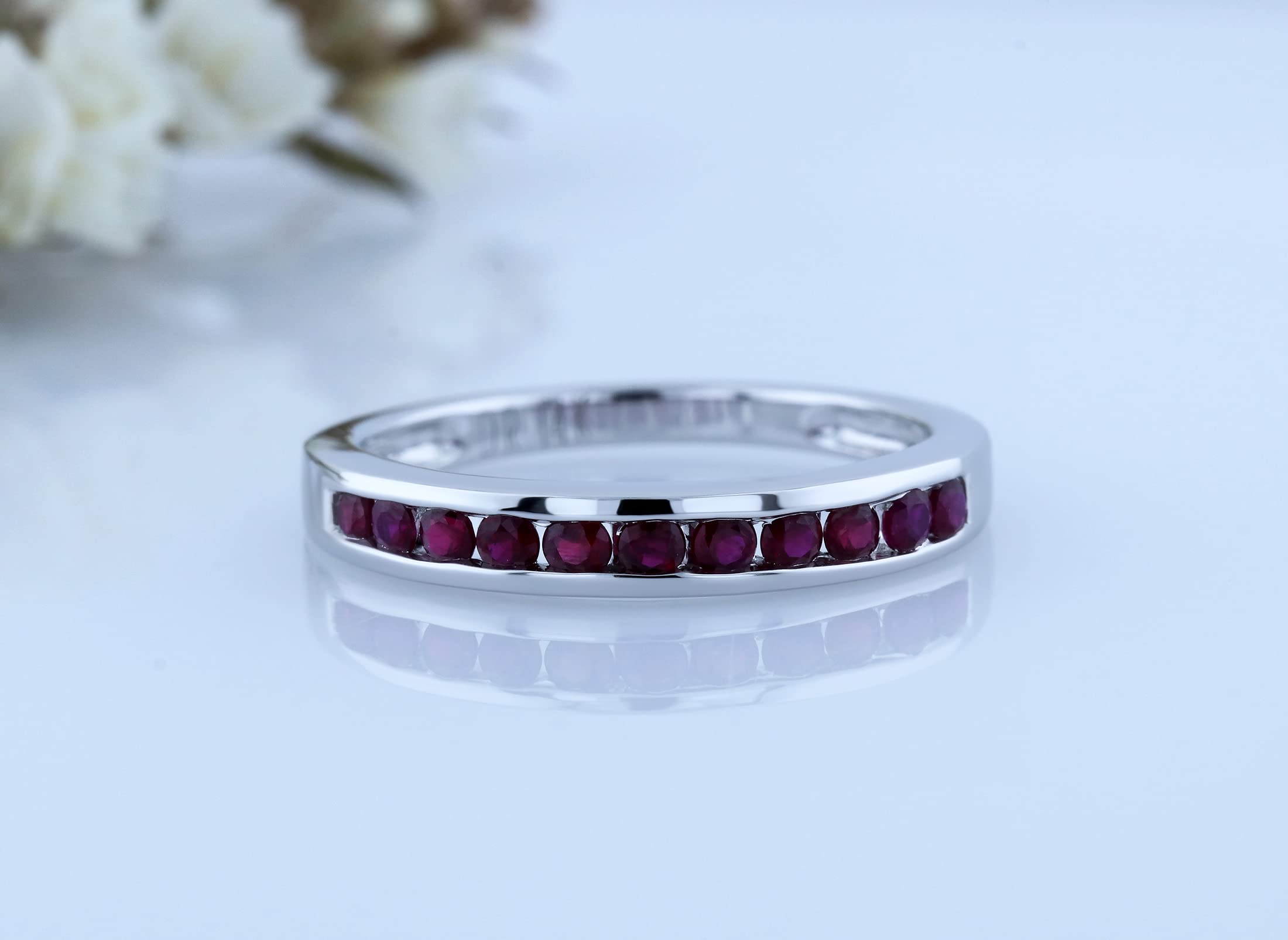 Dazzlingrock Collection 0.50 Carat (Ctw) 10k Round Red Ruby Women Anniversary Wedding Stackable Ring Band 1/2 CT, White Gold, Size 6