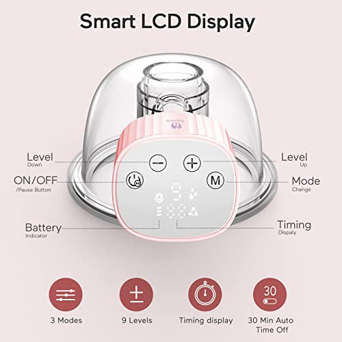 Wearable Breast Pump, Supermom Double Hands Free Breast Pump, Electric Breast Pump Portable with 3 Modes & 9 Levels, Memory Function, Low Noise & Painless, 25mm Flange (2 Pink)