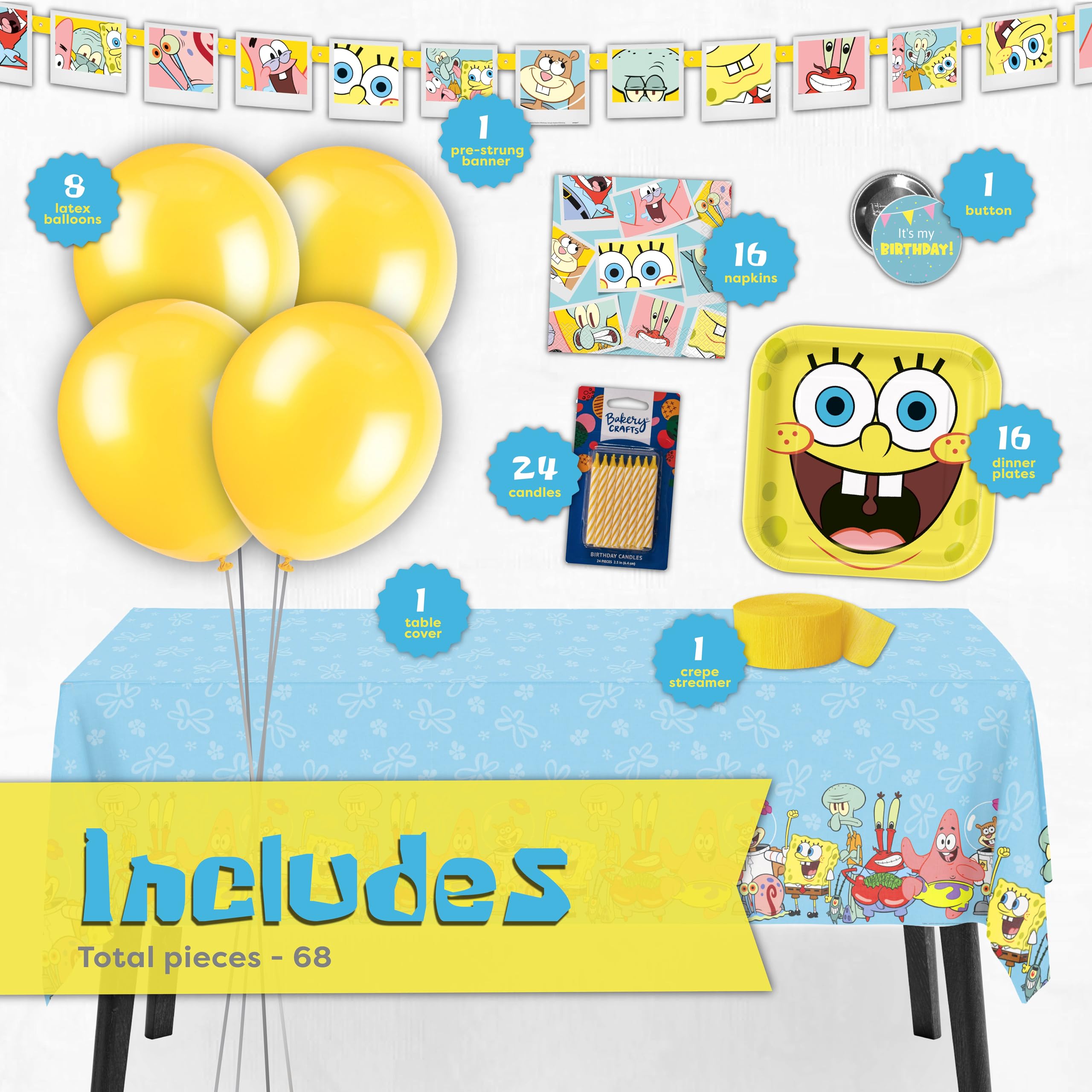 Spongebob Party Supplies Set | Serves 16 Guests | Spongebob Party Decorations With Table Cover, Banner Decoration, Spongebob Plates, Napkins, Balloons, Crepe Streamer, Candles and Button