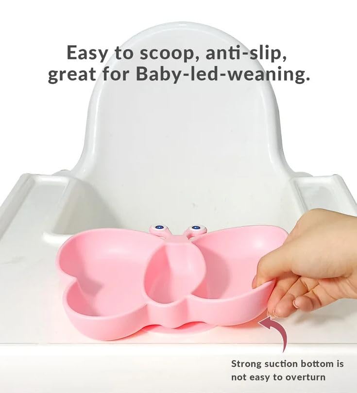 Light Mauve - Butterflies, Silicone Feeding Set | 8 Pcs Baby Led Weaning Supplies, Including Bib, Bowl, Plate, Training Cup, 1 Silicone Spoon & Fork Set, and 1 Stainless Steel Spoon & Fork Set