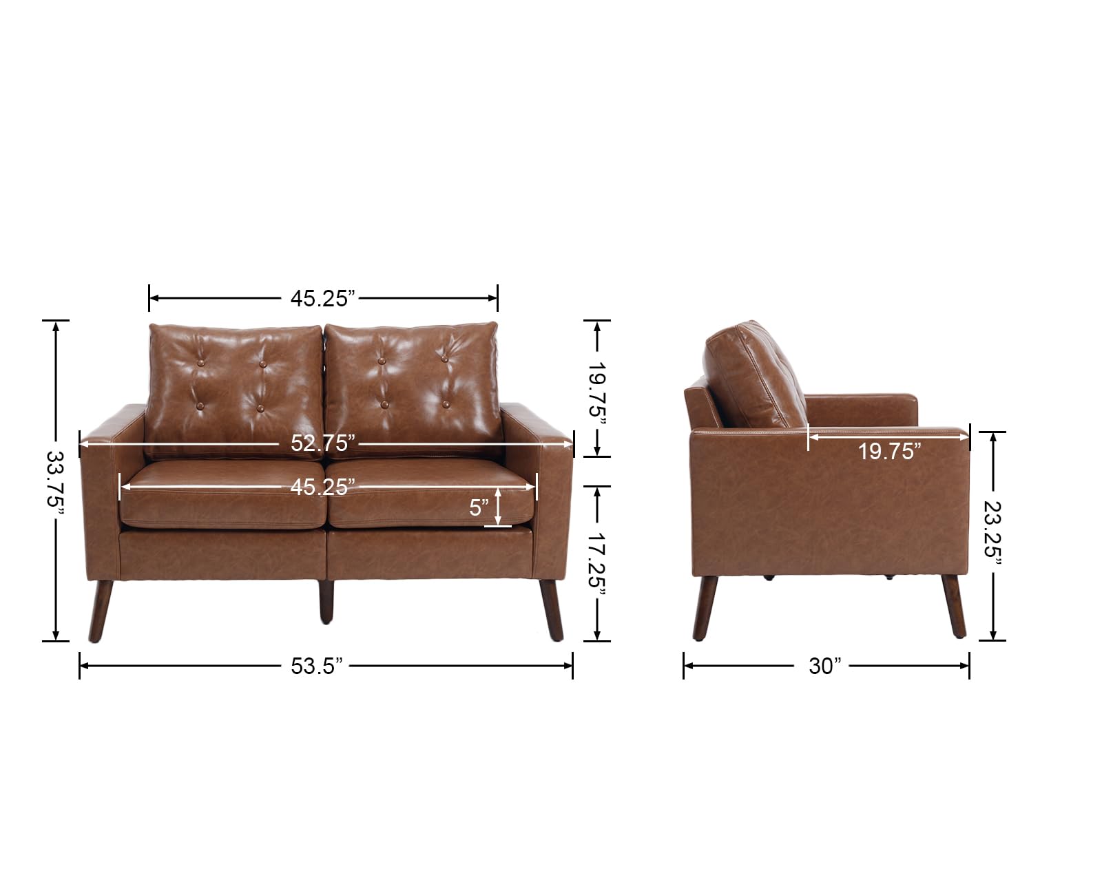 Modern Loveseat Couch Sofa, 53" PU Leather 2 Seat Sofa Couch with Comfy Upholstered Cushions, 2 Seater Button Tufted Sofas with Deep Seat for Small Spaces Living Room, Bedrooms, Apartment, Brown
