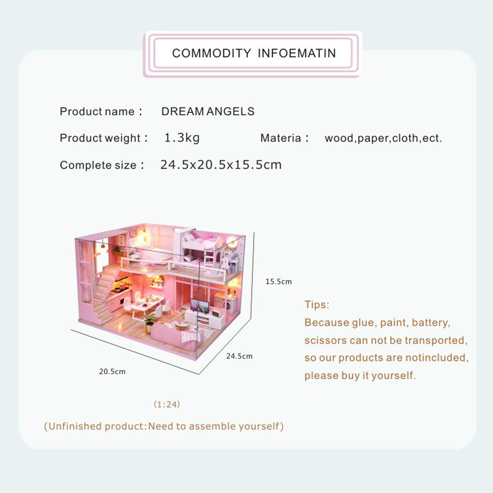 CUTEBEE Dollhouse Miniature with Furniture, DIY Dollhouse Kit Plus Dust Proof and Music Movement, 1:24 Scale Creative Room Idea (DREAM ANGELS)
