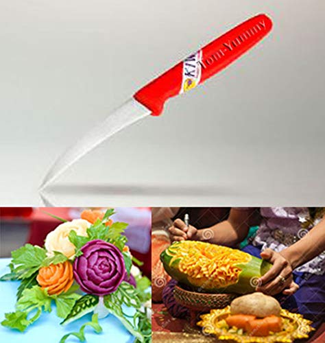 Pack 3 Kiwi Kom Kom Knife Fruit Carving Red Handle for Fruits and Vegetables Thai Carver Tool