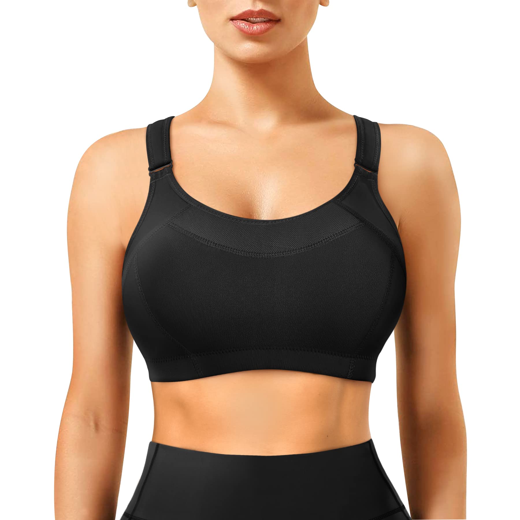 CYDREAM High Impact Support Sports Bra Wireless Padded Full Coverage Racerback Front Adjustable Straps Workout Tops (X-Large, Black)