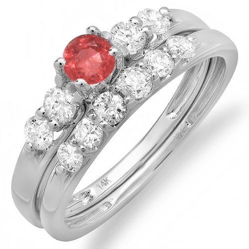 Dazzlingrock Collection 14K Ruby & White Diamond Bridal 5 Stone Engagement Wedding Ring Set, White Gold, Size 9