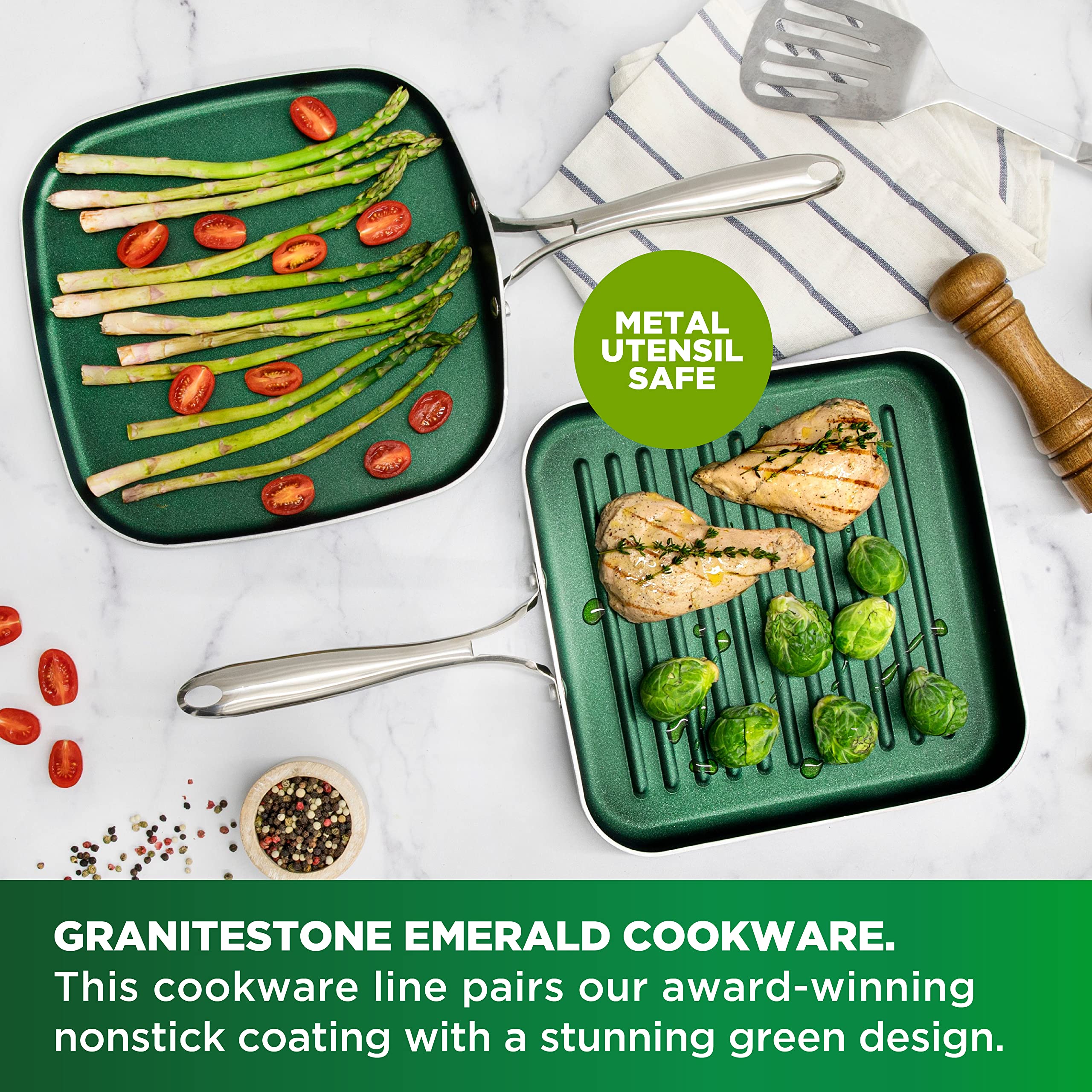 Granitestone Green Nonstick Grilling Pan Diamond Infused, Metal Utensil Sear Ridges for Grease Draining, Stainless Steel Stay Cool Handle, Oven & Dishwasher Safe, 100% PFOA Free, 10.5"