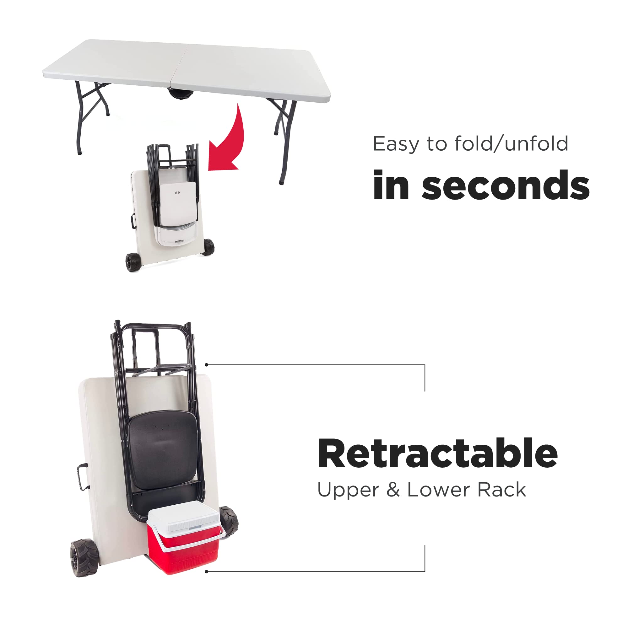 Creative Outdoor Folding Table and Chairs, 6 Ft, Built-in Wheels, Portable Durable Plastic, Indoor/Outdoor Events, Perfect for Camping/Picnic/Tailgating/Party (White Table and 4 Chair Set)