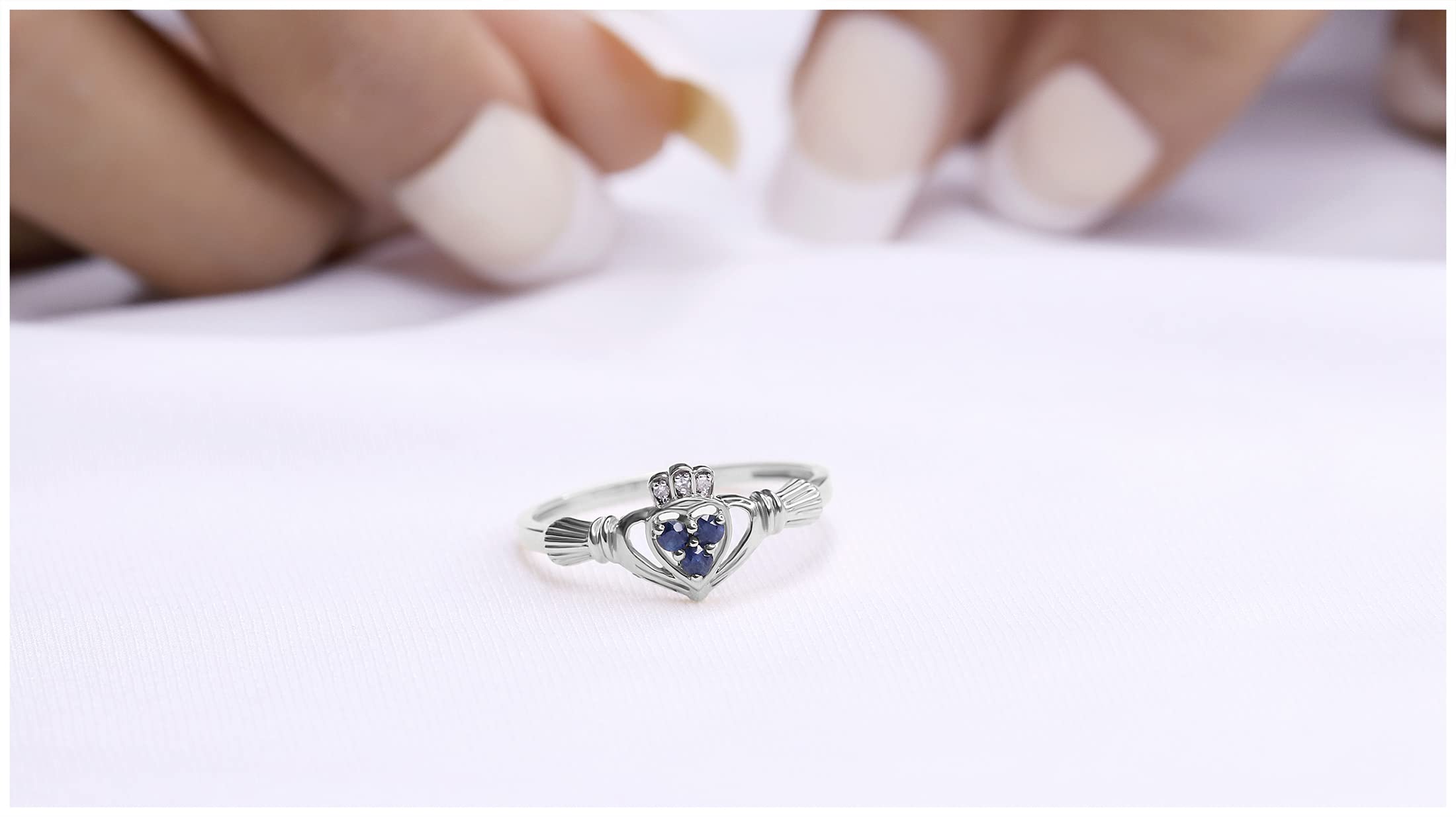 Dazzlingrock Collection Round Natural Blue Sapphire & White Diamond Promise Irish Love & Friendship Claddagh Heart Shape Ring for Women in 18K White Gold Size 8