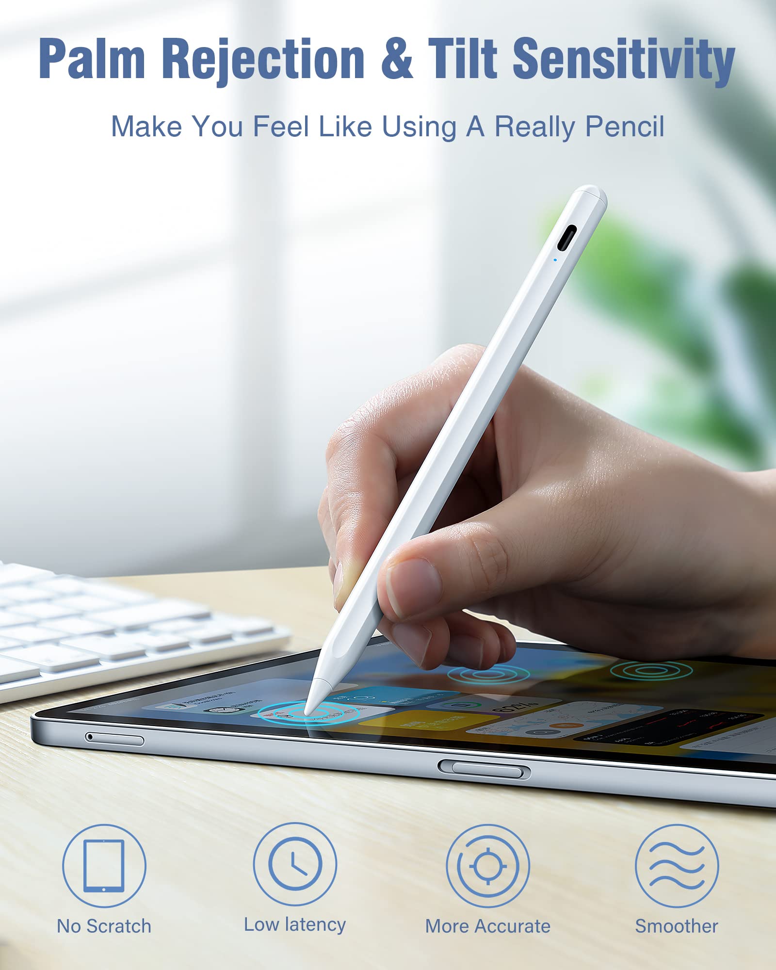 Stylus Pen for Apple iPad, iPad Pencil 2nd Generation with Palm Rejection, for 2018-2022 iPad 6/7/8/9 iPad Air 3/4/5 iPad Pro 11''& 12.9'' iPad Mini 5/6, Smart Bluetooth Pen for Writing Drawing