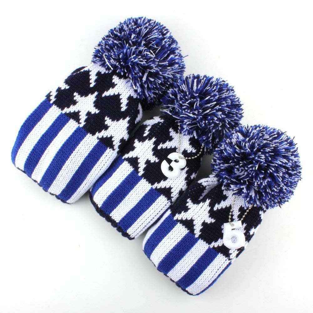 COOLSKY Golf USA Blue Star Stripes Pattern Set Knit Vintange Pom Pom Sock 3pcs Headcover Covers Available in Driver or Fairway/Hybrid Size