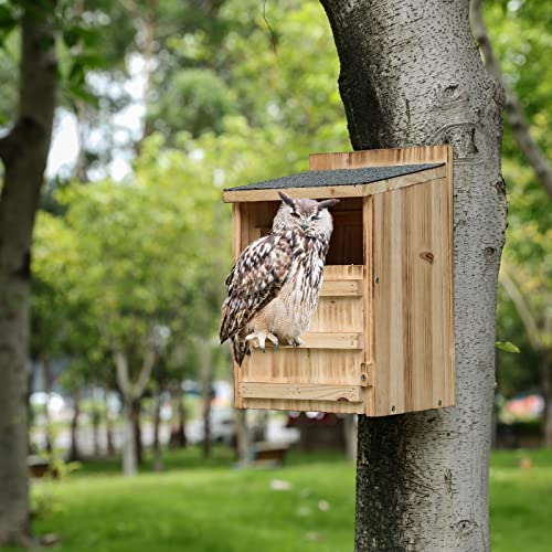 Owl House,Screech Owl House with Bird Stand,Owl Nesting Box,Barn Owl Bird House,Large Handmade Wooden Rectangular Opening Bird Box,with Mounting Screws, Easy Assembly