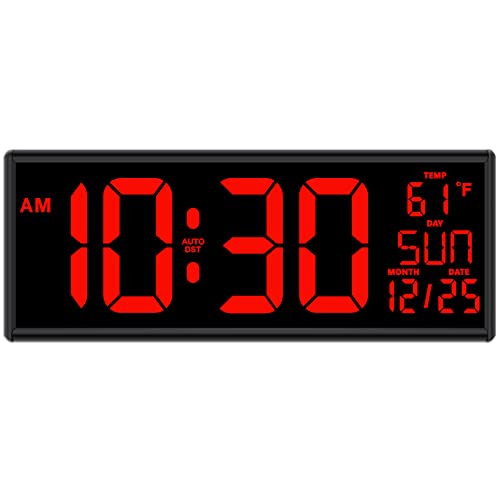 Soobest Digital Wall Clock with Date Temperature, Large LED Display Numbers with Dimmer 12 Inches(Red)