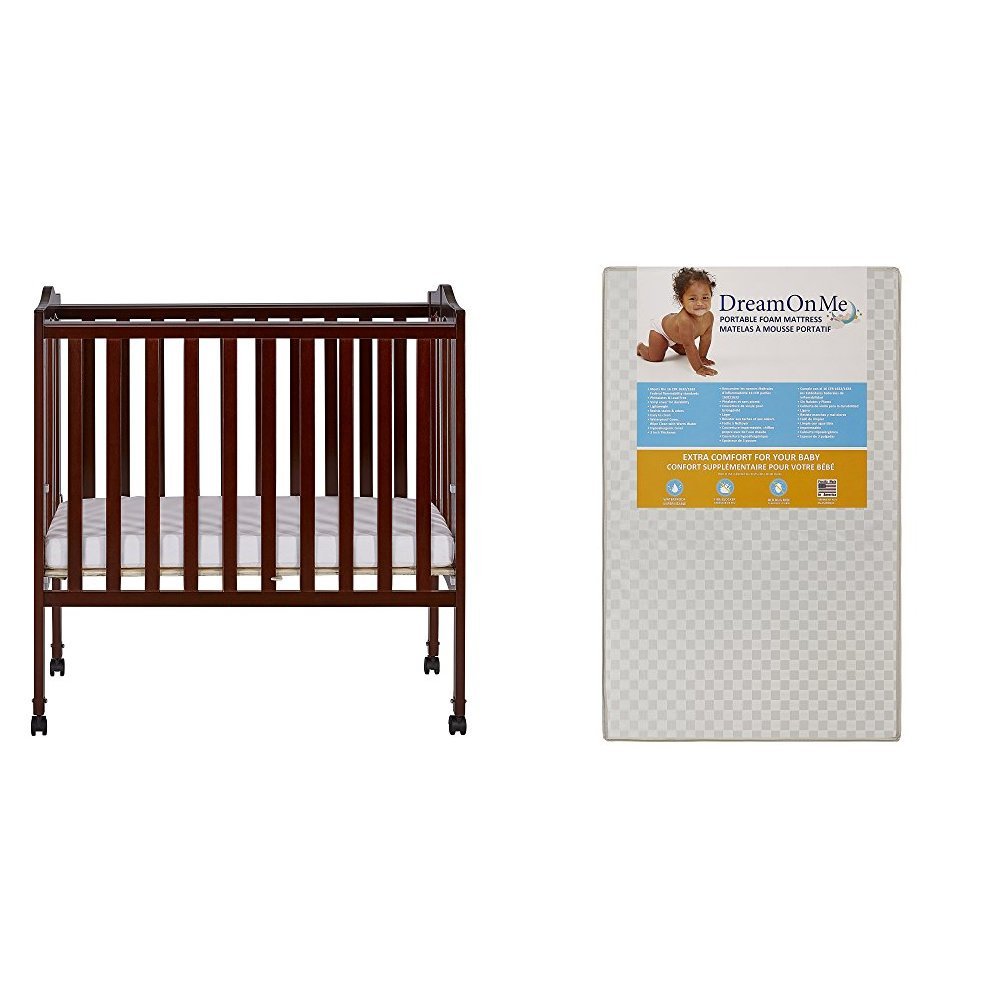 Dream On Me 2 in 1 Lightweight Folding Portable Stationary Side Crib with Dream On Me 3 Portable Crib Mattress, White