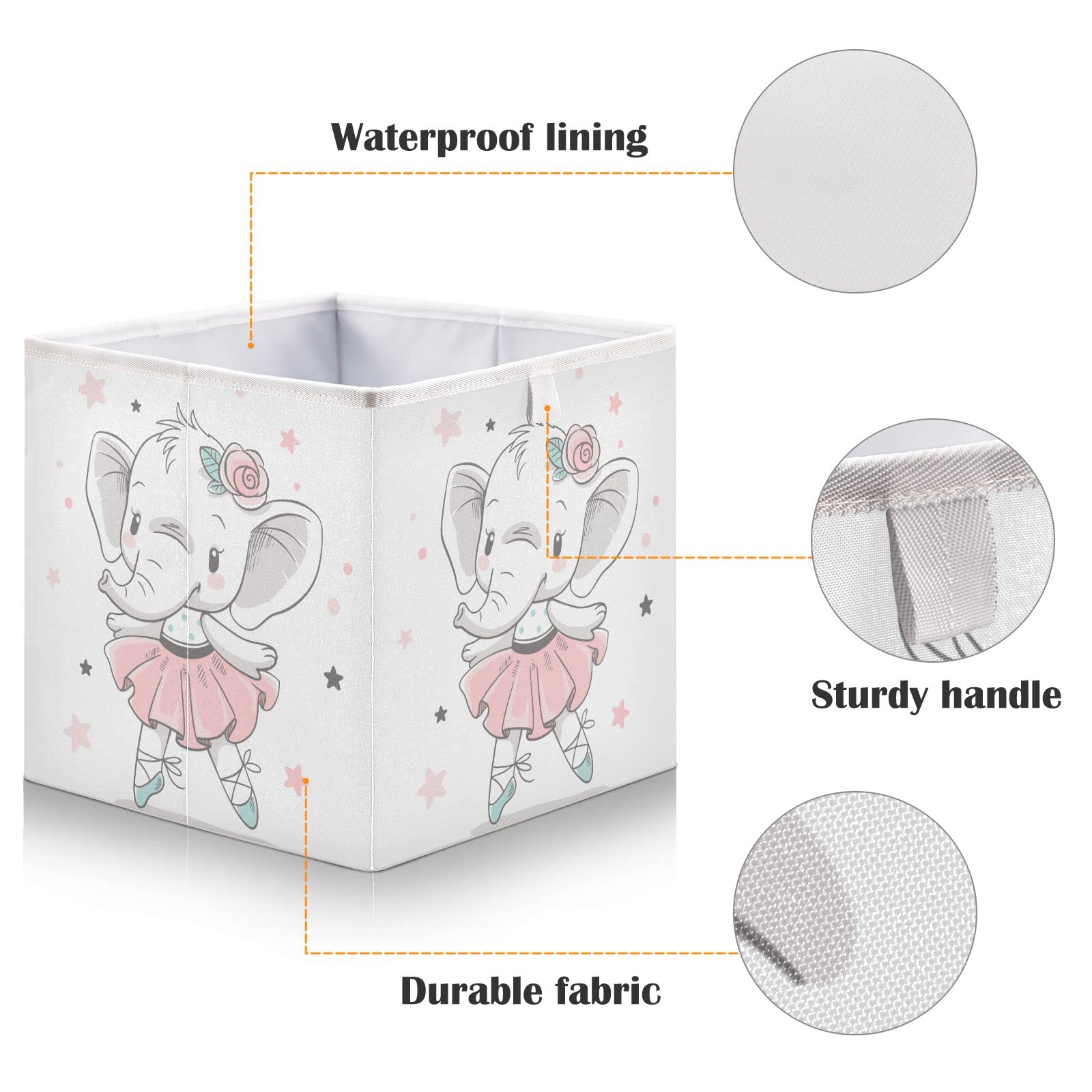 DOMIKING Cute Baby Elephant Pink Tutu Storage Baskets for Shelves Foldable Collapsible Storage Box Bins with Fabric Bins Cube Toys Organizers for Pantry Bathroom Baby Cloth Nursery,11 x 11inch