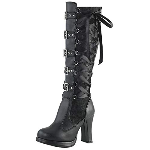 FASDNENDYS Womens Pointed Toe Knee High Boots Tied Shoes Cross Boots Kneeth Leather Women Lady High Heel Boots Black