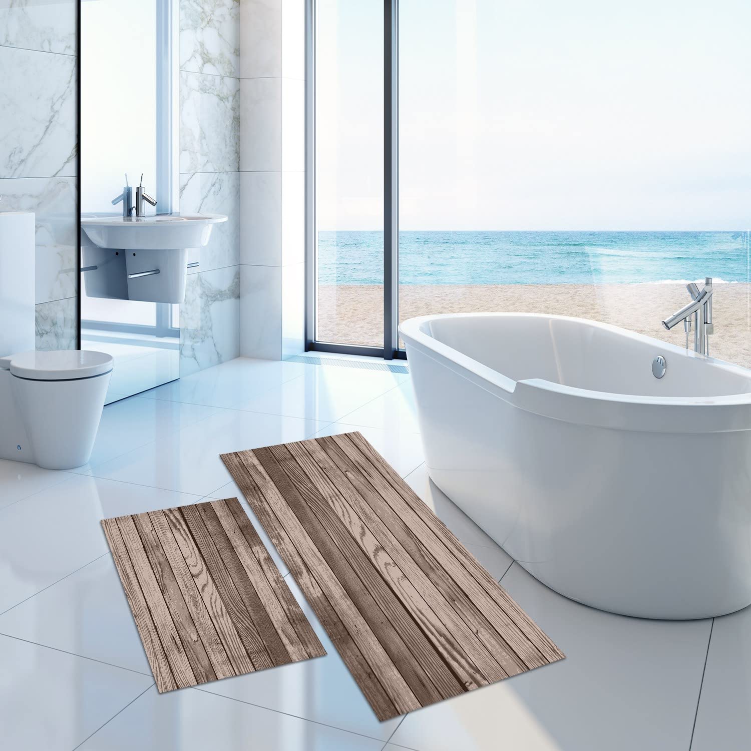 GUBIYU Set of 2 Kitchen Rugs and Mats Country Wooden Kitchen Rugs Washable Rustic Floor Planks Brown Wood Textures Bathroom Rugs Runner Farmhouse Style Walnut Oak Grain Decorative Kitchen Floor Decor