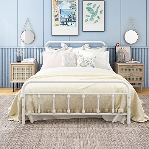 Kefair Full Size Metal Bed Frame with Headboard, Iron Mattress Foundation No Box Spring Needed,10.6 Inch Under Bed Storage, Noise Free, Easy Set Up(White