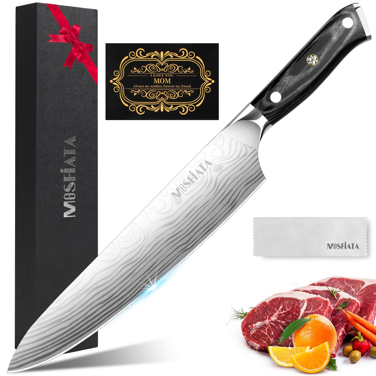 MOSFiATA 10" Super Sharp Professional Chef's Knife,German High Carbon Stainless Steel EN1.4116 with Micarta Handle and Gift Box