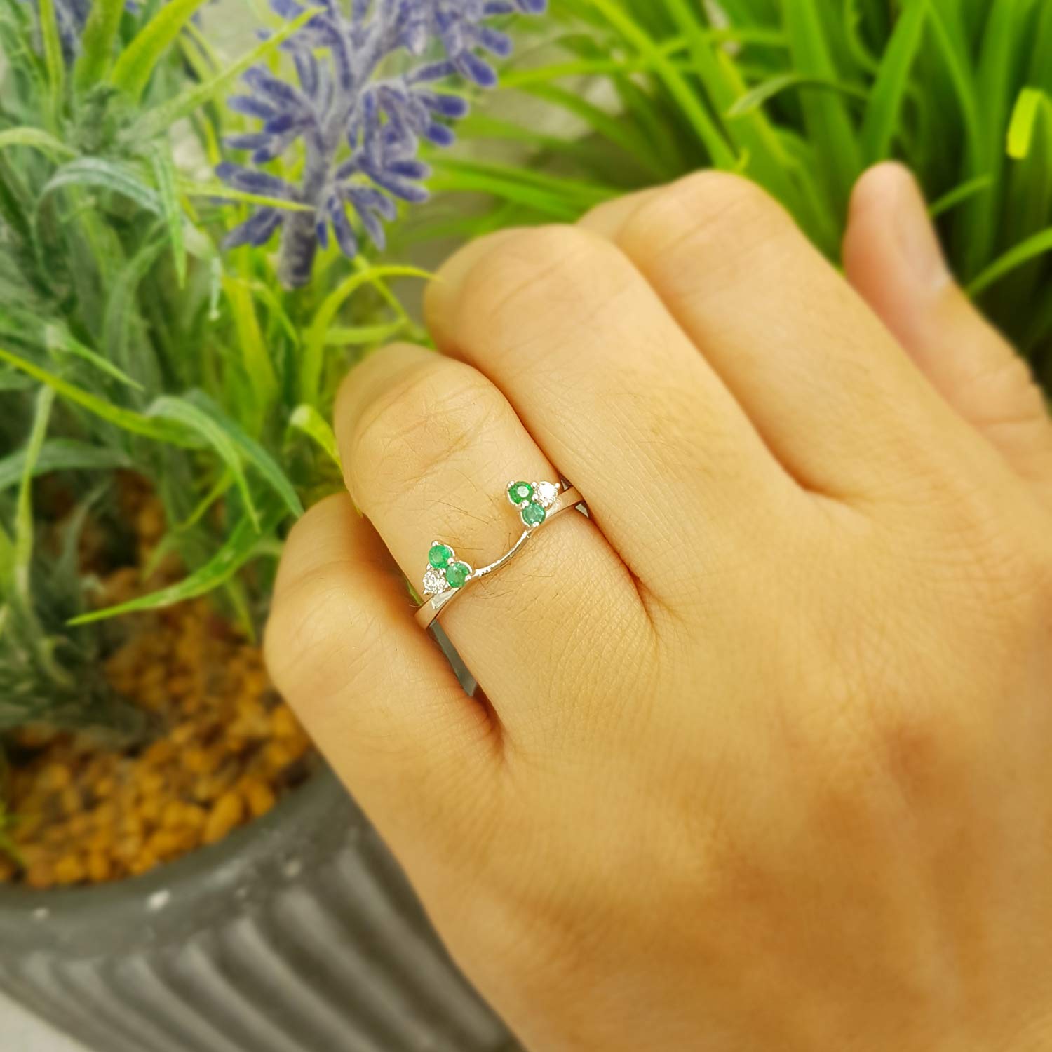 Dazzlingrock Collection 14K Round Green Emerald And White Diamond Women Wedding Ring Matching Guard Band, White Gold, Size 6