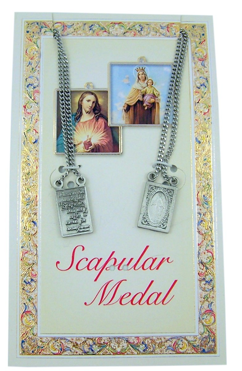 Devotional Scapulars Pewter Scapular Medals with Stainless Steel Rhodium Finished Chain, 18 Inch