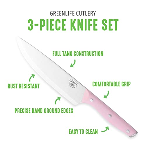 GreenLife High Carbon Stainless Steel 3 Piece Knife Set with Covers, Includes Chef Utility and Pairing, Comfort Grip Handles,Triple Rivet Cutlery, Soft Pink
