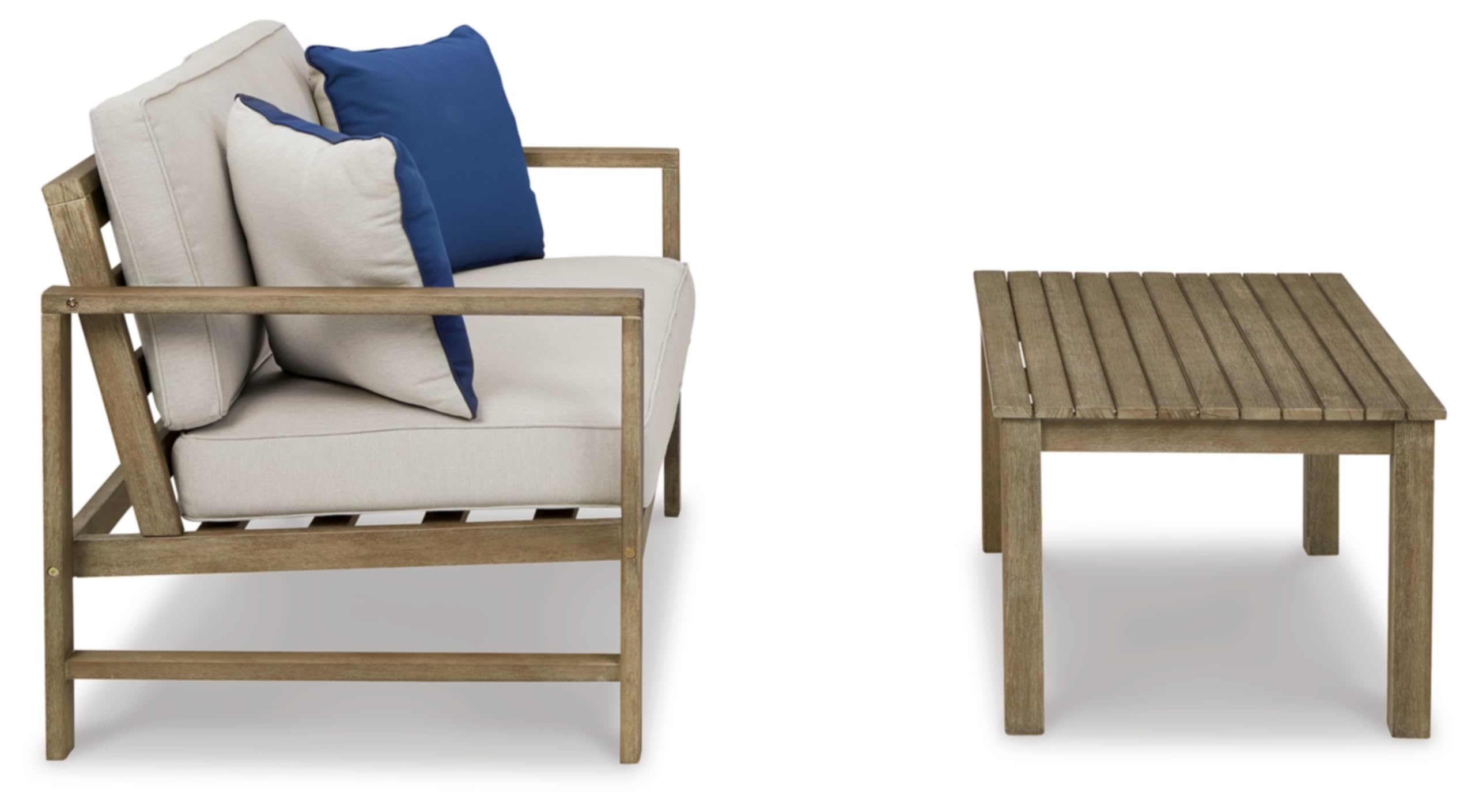 Signature Design by Ashley Outdoor Fynnegan Patio Eucalyptus Loveseat & Coffee Table, Beige with Blue Pillows