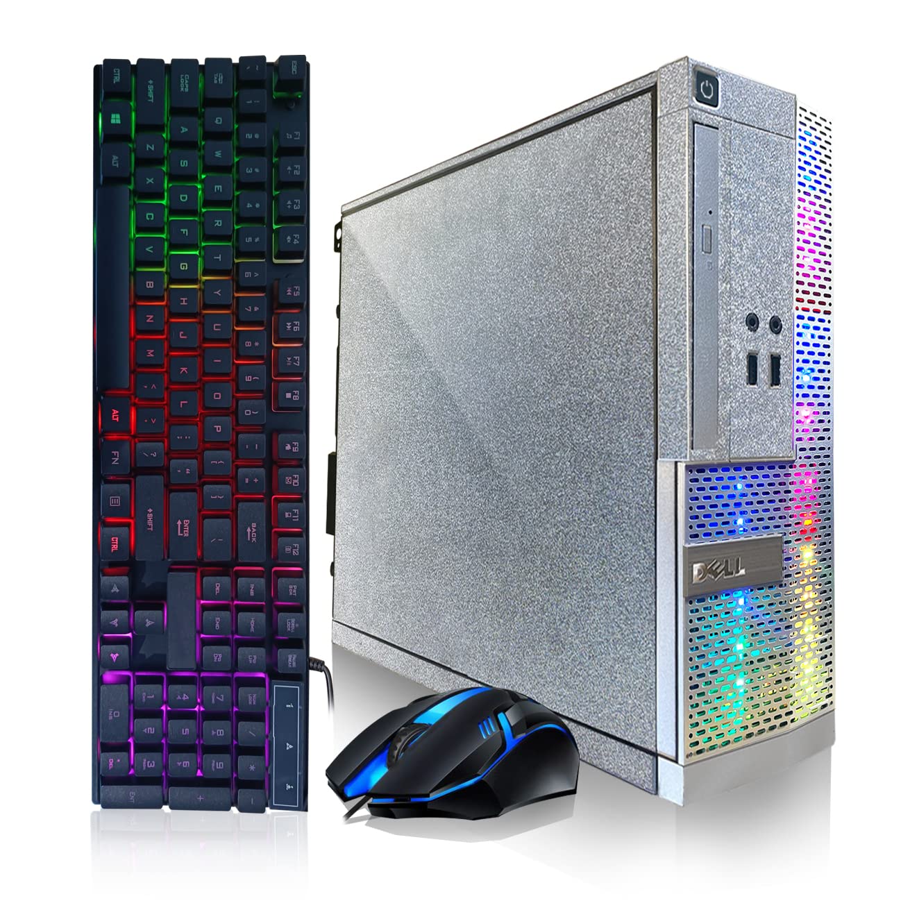 Dell PC Treasure Box RGB Desktop Computer Intel Quad Core I5 up to 3.6G, 16G, 512G SSD, WiFi & Bluetooth, RGB Gaming PC Keyboard & Mouse, DVD, Windows 10 Pro (Renewed) (Moonlight Silver)