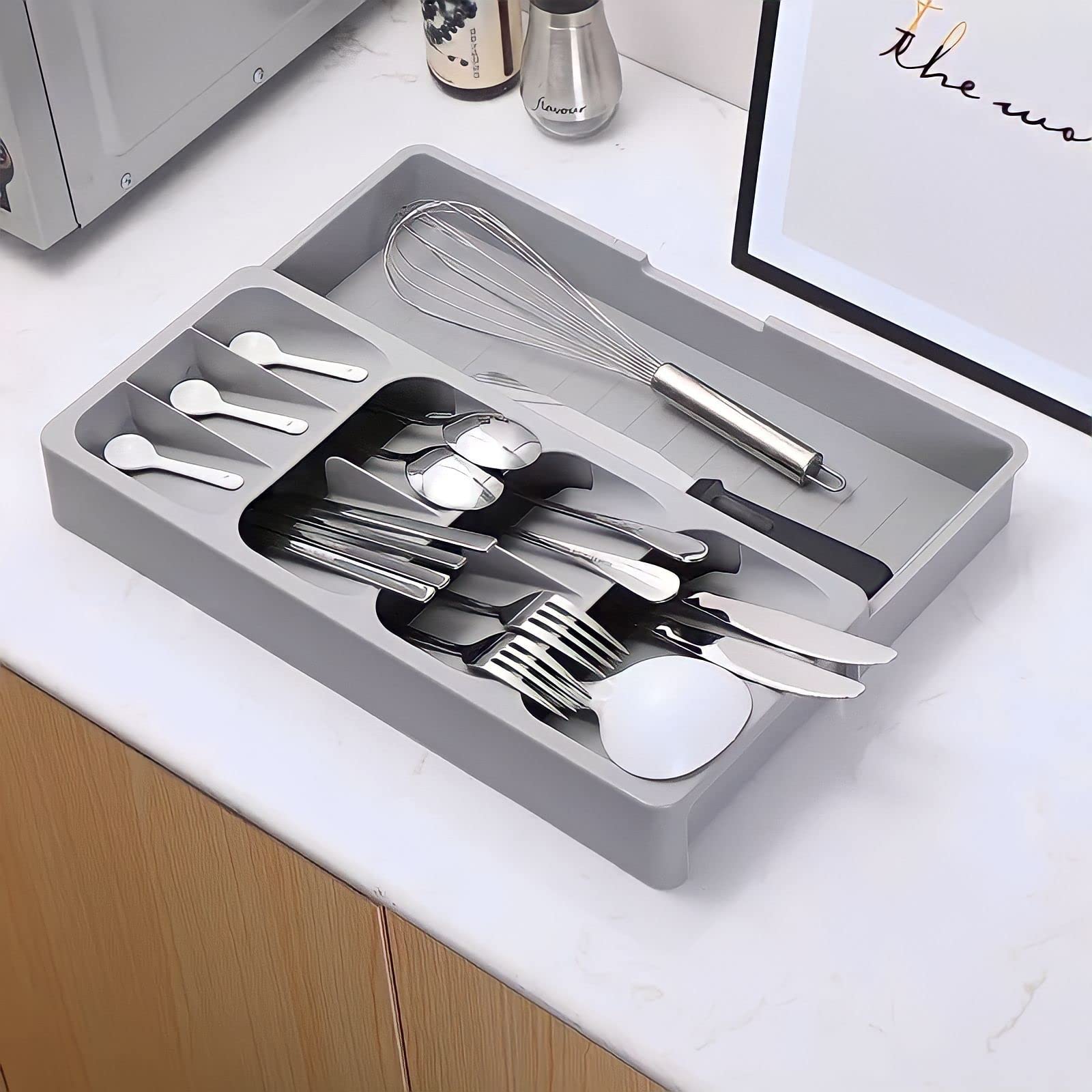 Expandable Kitchen Drawerstore Set, Compact Cutlery Organizer for Silverware Storage, Cabinet Facilitator for Cooking Utensils, Holding Flatware for Spoons, Forks, Knives, and more