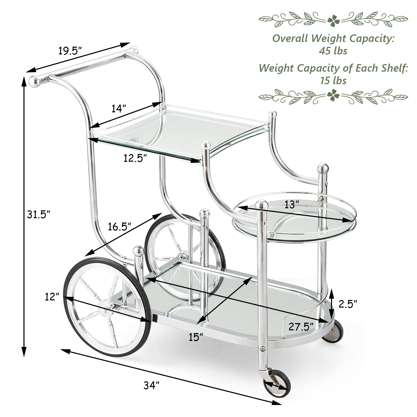 COSTWAY Glass Rolling Bar Cart, Rolling Serving Cart with 3-Tier Shelf, Directional Wheels & Universal Wheels, Mobile Wine Tea Serving Cart for Hotel, Club & Home